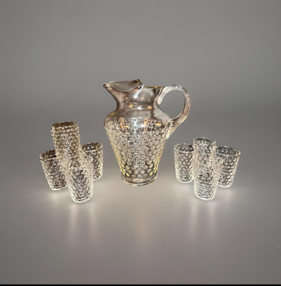 Clear Hobnail Pitcher Set With 7 Glasses, Vintage Machob Pitcher 64oz ...