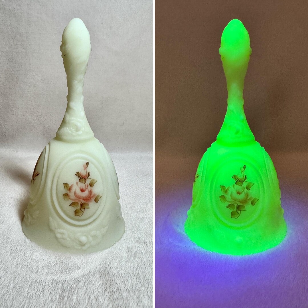 Uranium Fenton Custard Glass Bell Hand Painted Pink Flowers, Glows ...