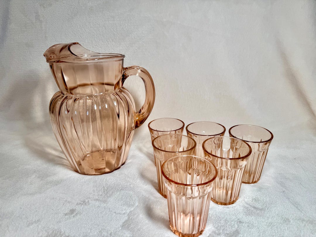 Large Pink Depression Glass Pitcher With 6 Glasses, Vintage Pink Glass ...