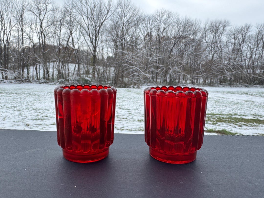 Ruby Red Glass Votive Holder Pair, UV Reactive Boron Glow - Etsy