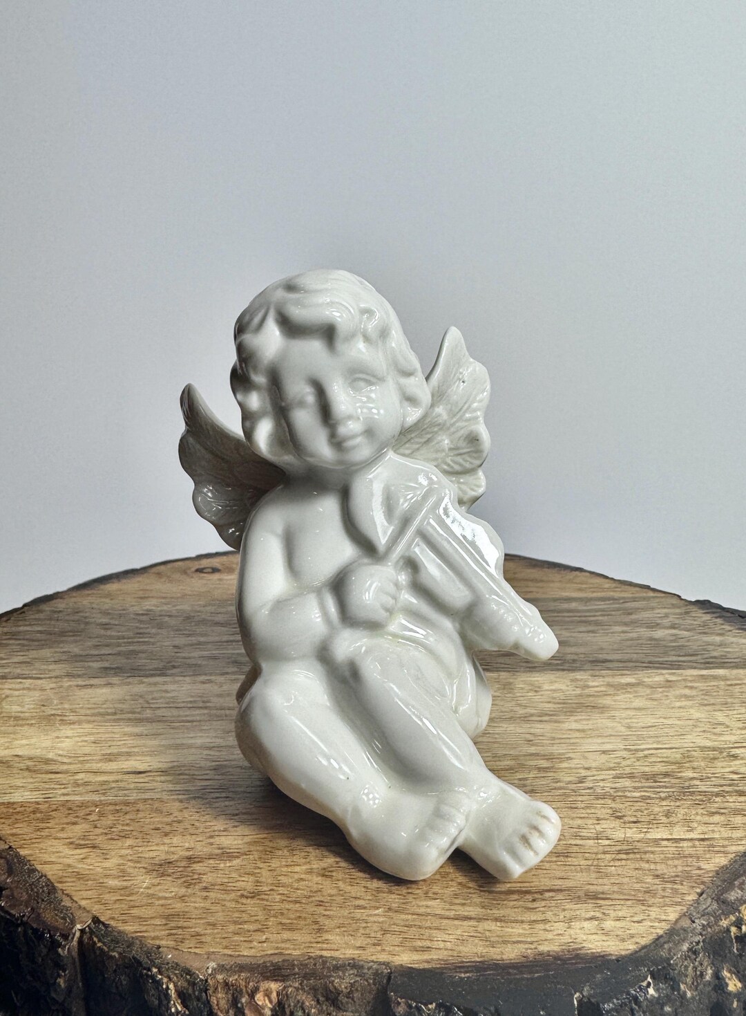 Girl Cherub Playing the Violin Ceramic Figurine, Sitting Cherub Shelf ...