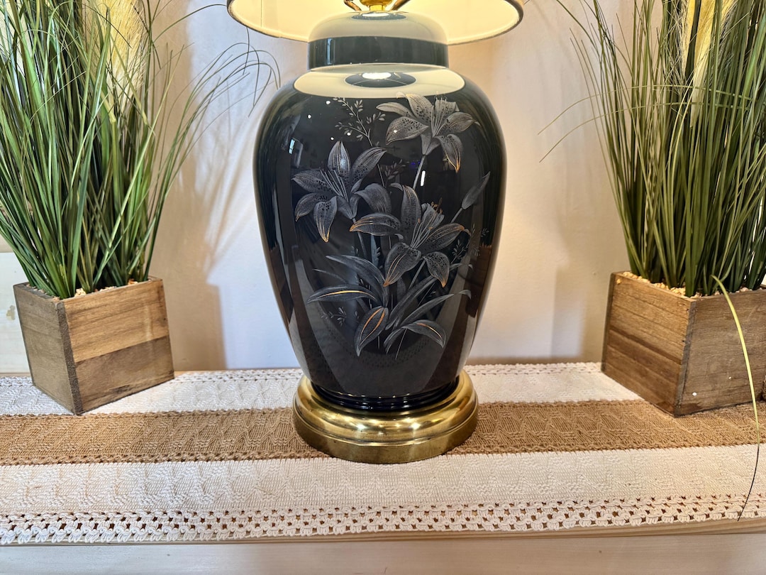 Jumbo Navy Blue Ceramic Lamp Base With Gold Flower Design, Large Dark ...