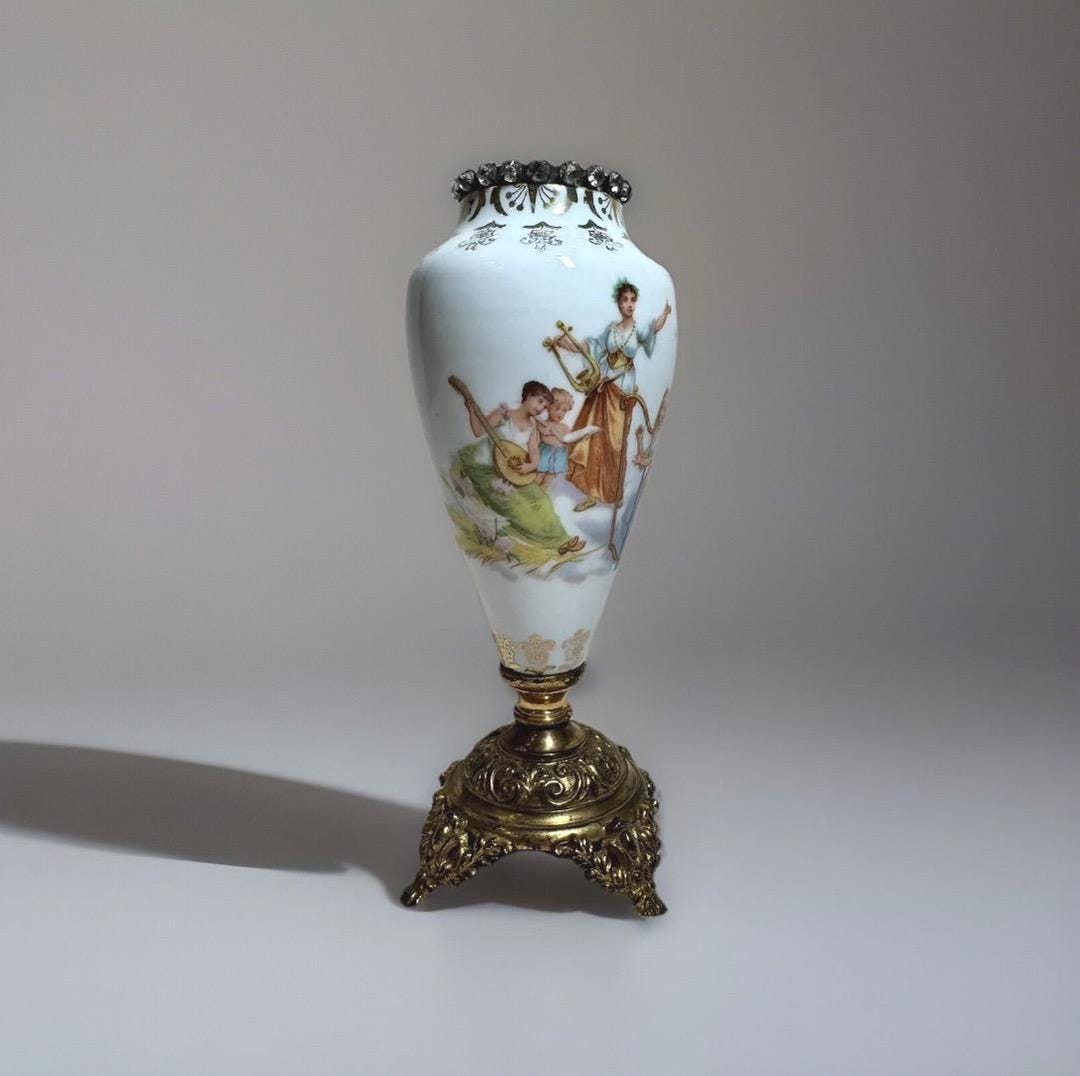 Antique French Vase With Musical Scene + Cherub on Ormolu Base, 19th ...