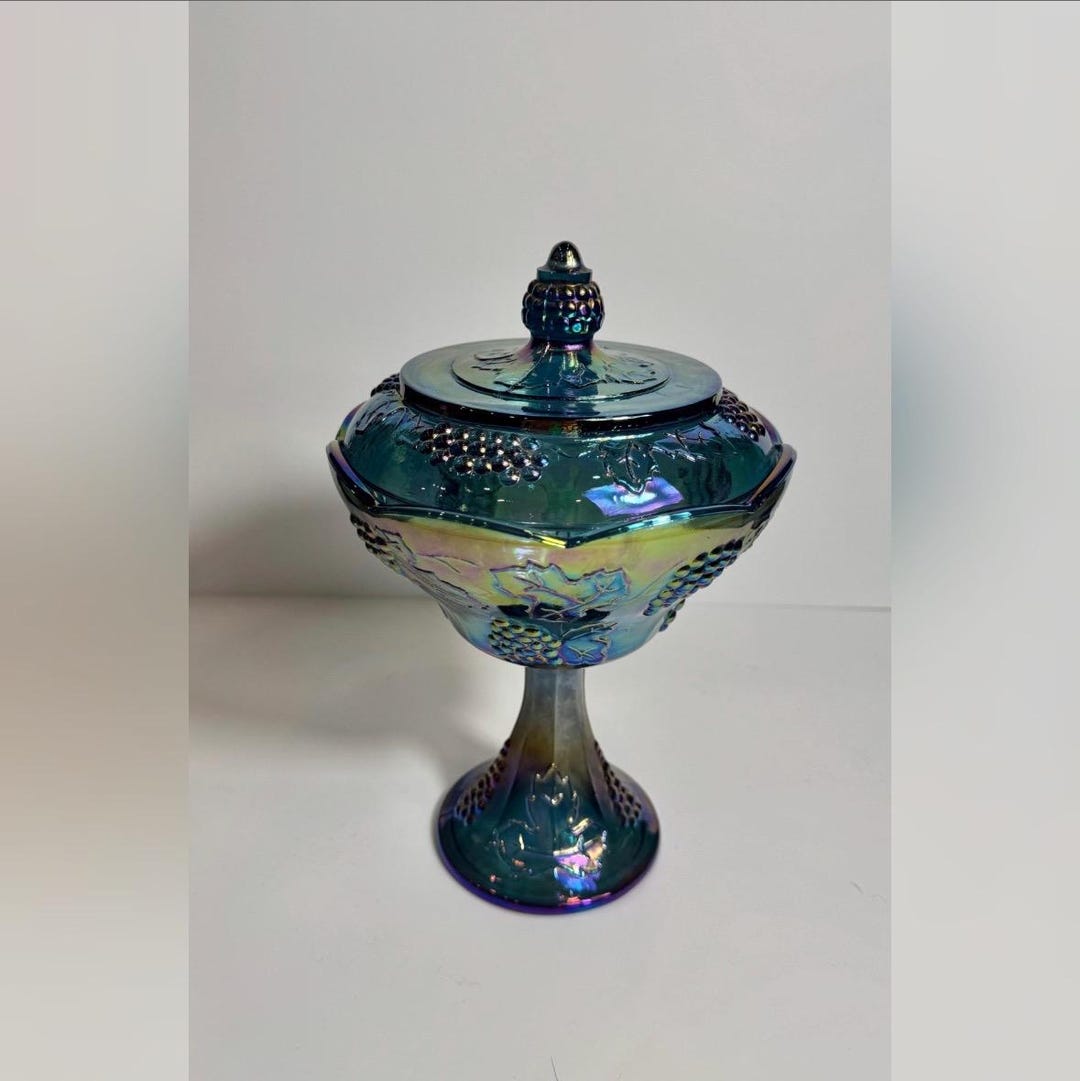 Blue Carnival Glass Tall Candy Dish With Lid, Vintage Colony Harvest ...