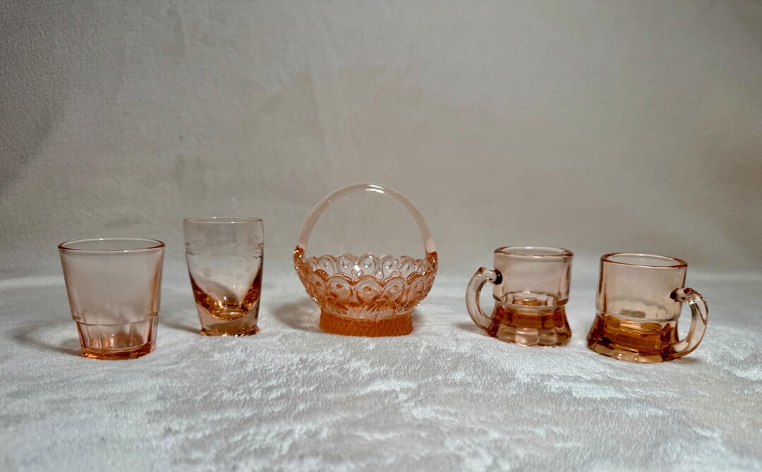 Mini Pink Depression Glass Shot Glasses and Basket, Small Trinket Dish ...