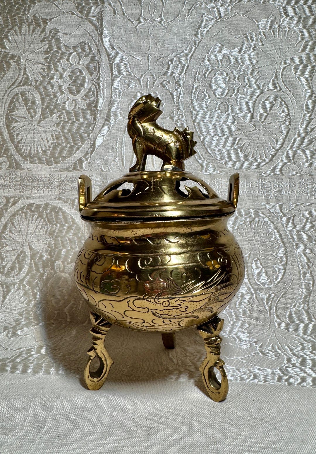 Vintage Brass Incense Burner, Chinese Incenser With Foo Dog Lid, Large ...