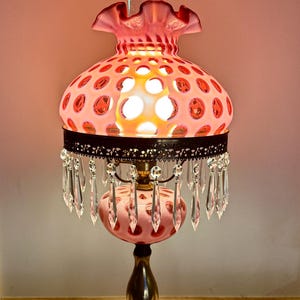 Fenton Cranberry Coin Dot Crystal Prisms Lamp With Brass and White ...