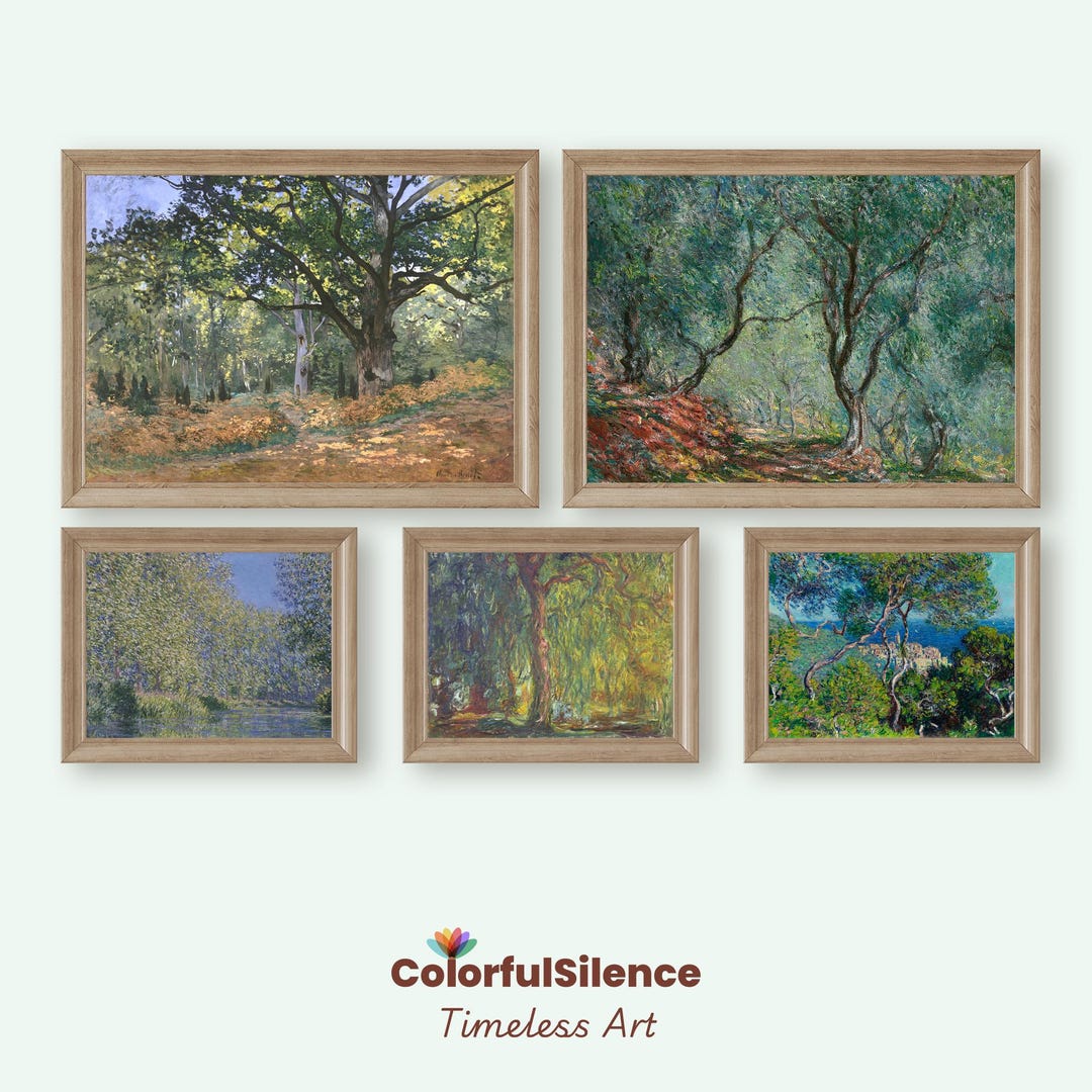 Monet Forest Tree Paintings, Claude Monet Printable Art Set of 5, Green ...