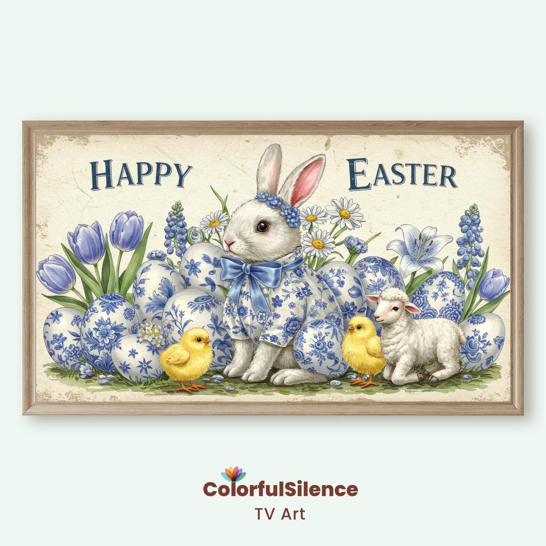 Happy Easter Frame TV Art, Easter Desktop or Laptop Wallpaper, Blue & White Easter Decor, Easter ...