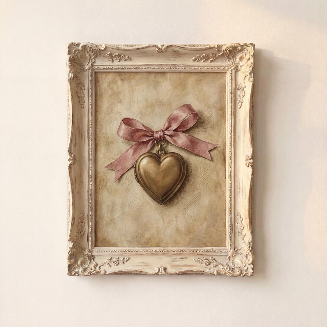 Heart Locket Wall Art, Vintage Valentine Prints, Golden Heart Locket ...