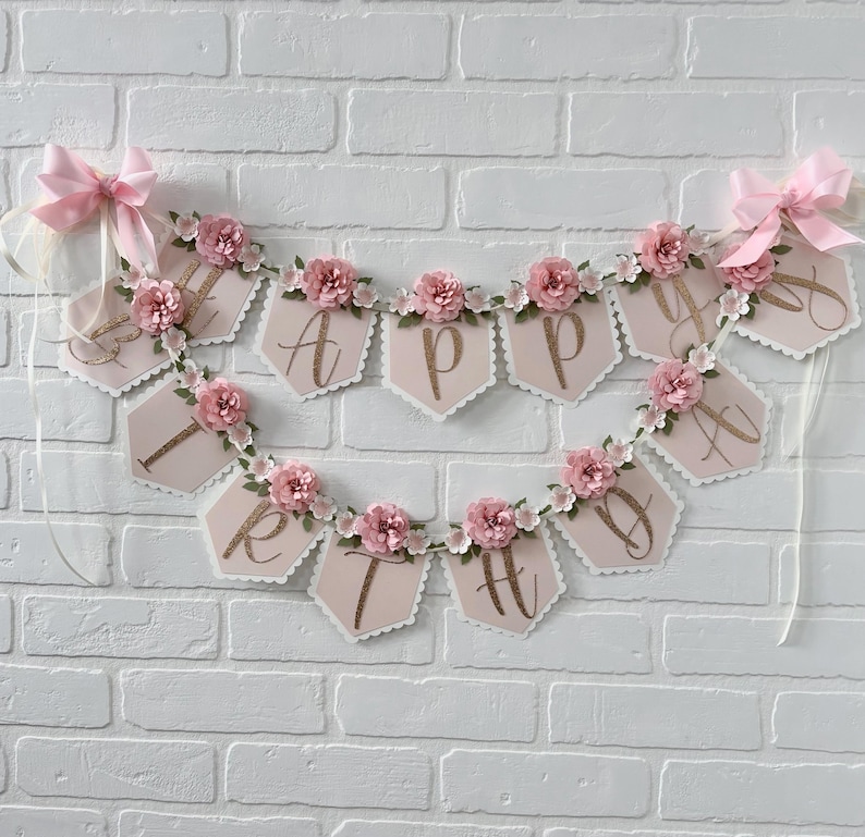 Pink Roses Happy Birthday Banner: Floral Baby Girl Party Decor - Etsy