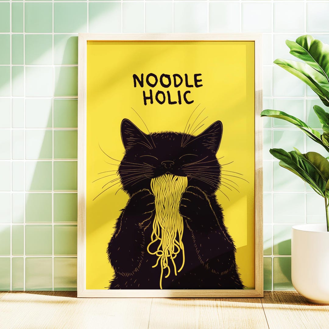 Funny Cat Eating Noodles Poster Noodleholic Cat Illustration Print ...