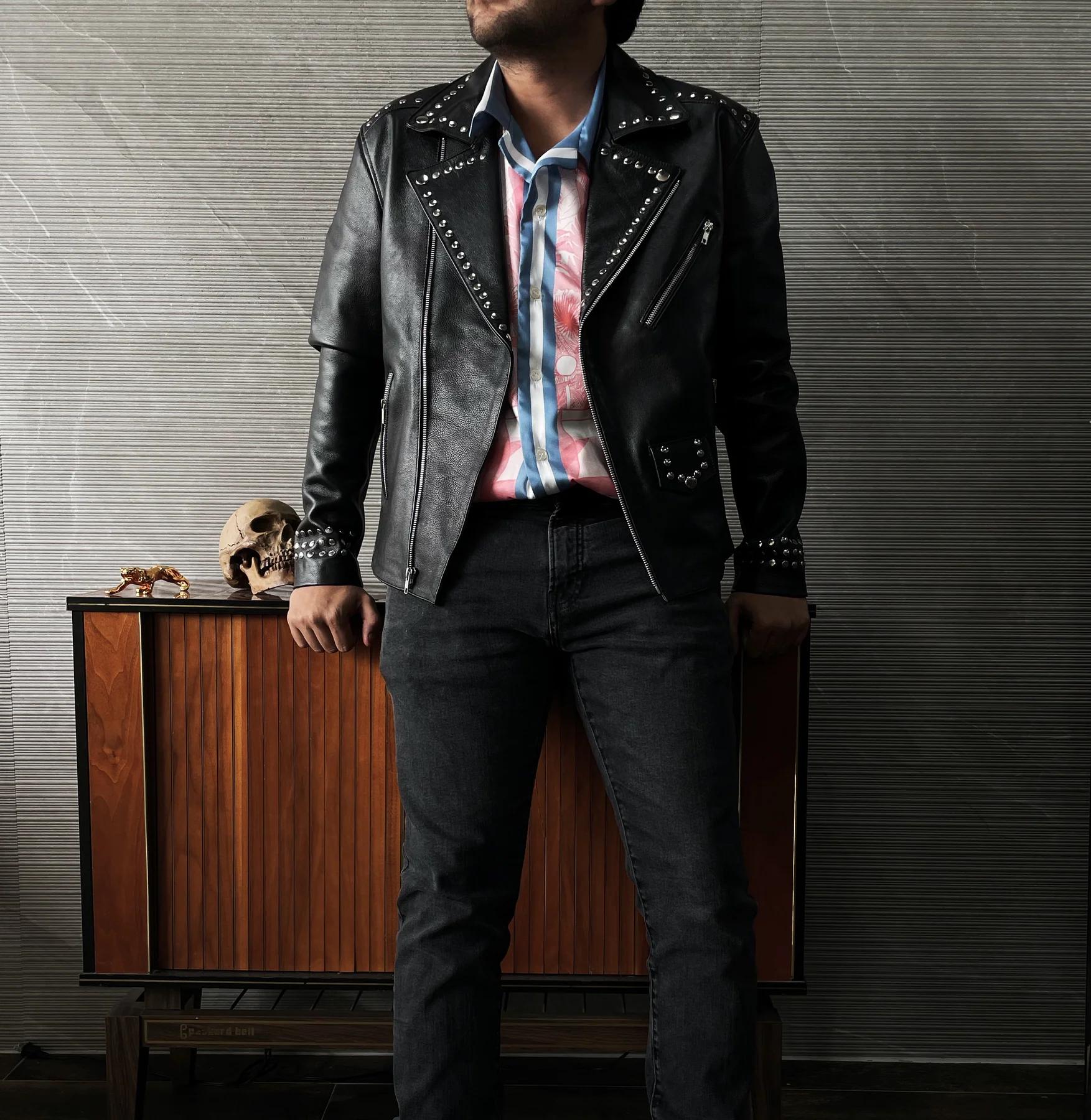 Men's Black Studded Leather Biker Jacket Premium Punk Rock Style ...
