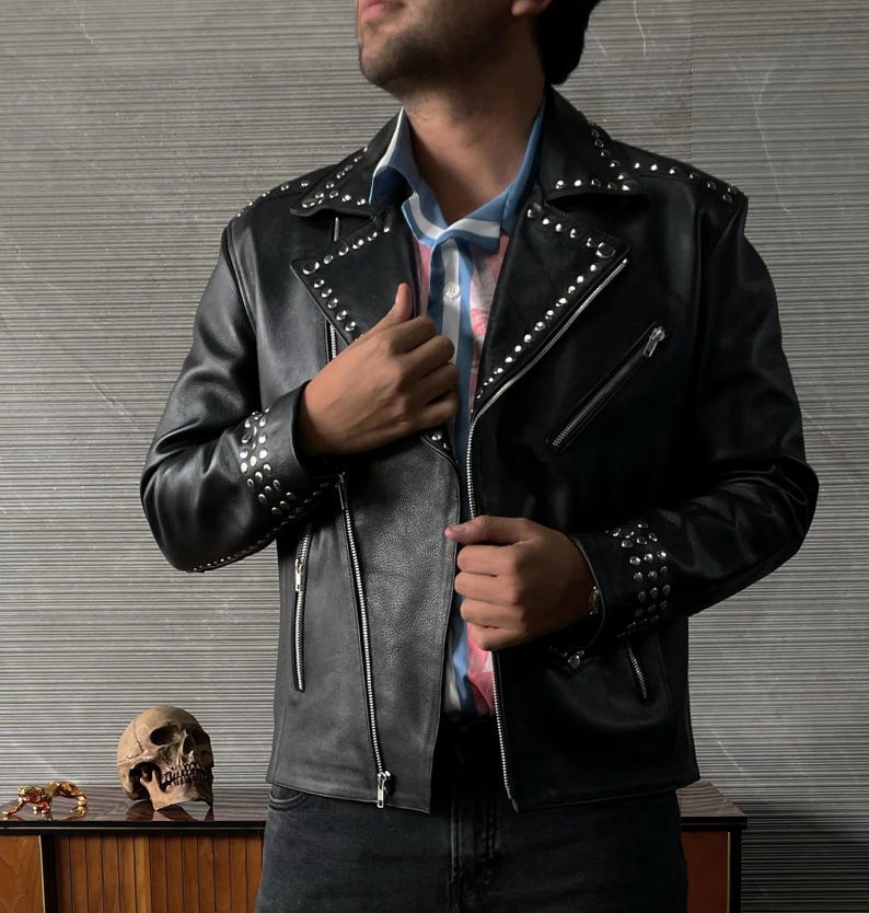 Men's Black Studded Leather Biker Jacket Premium Punk Rock Style ...
