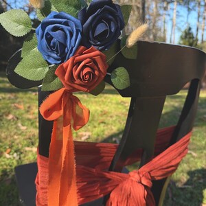 Rustic Boho Wedding Chair Flowers: Navy Blue, Burnt Orange Rose Pew ...