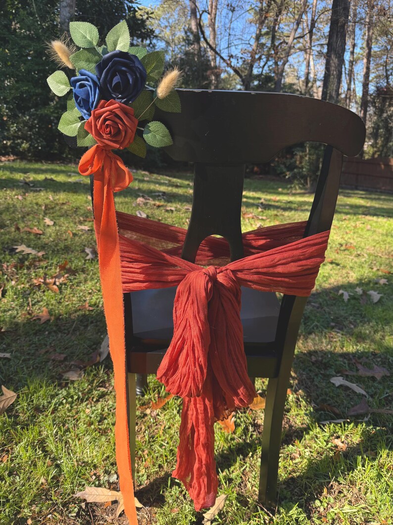 Rustic Boho Wedding Chair Flowers: Navy Blue, Burnt Orange Rose Pew ...