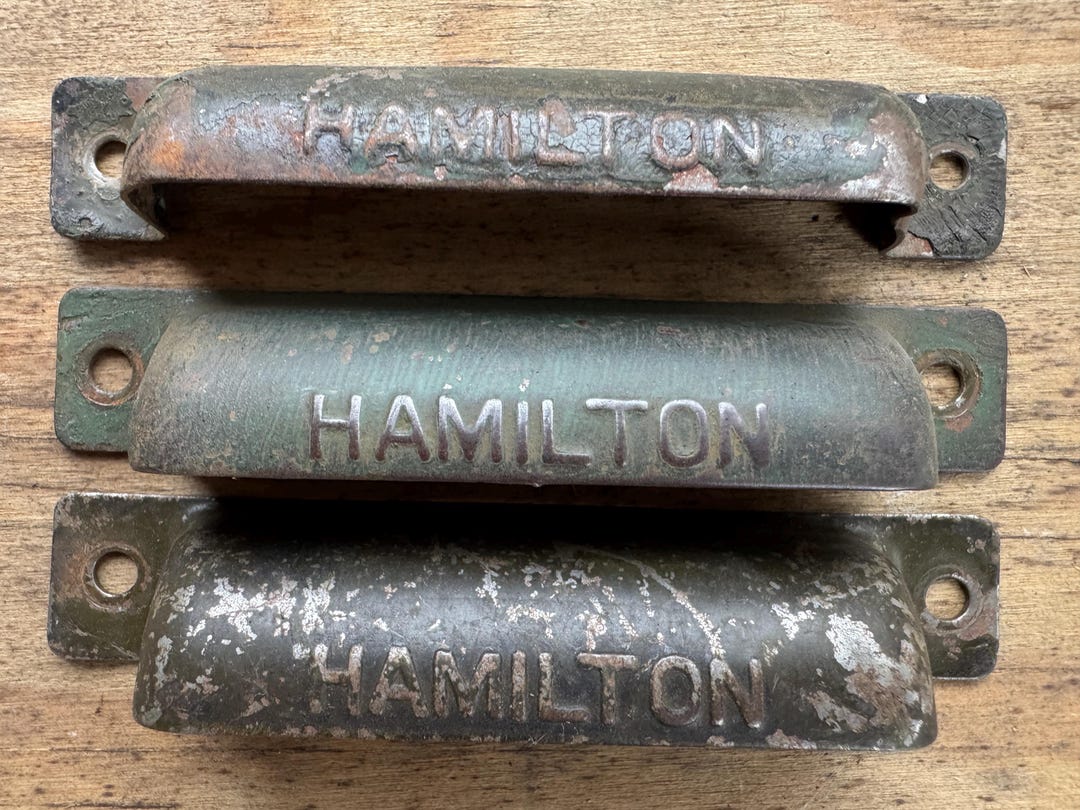 Set of THREE Eclectic Hamilton Antique Printers Thin Metal HANDLES ...