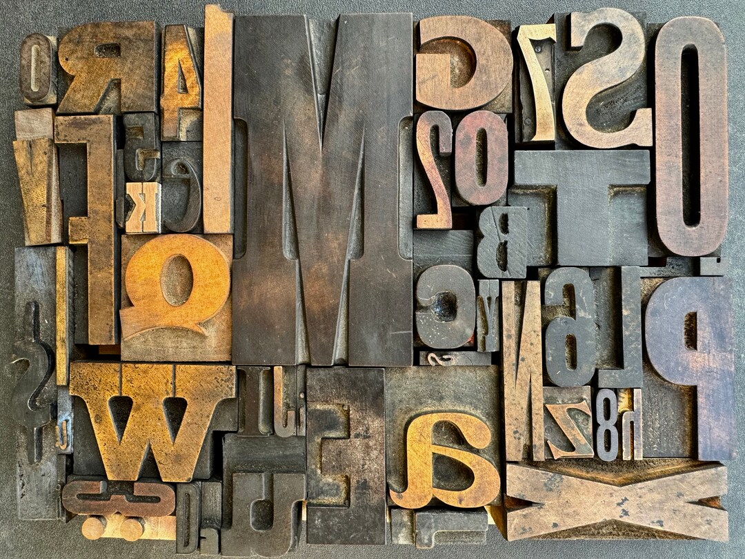Antique Letterpress Printers WOOD TYPE Mix 48 Pieces W/ Full Alphabet ...