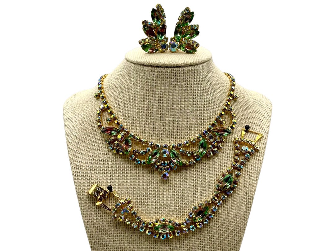Watermelon Aurora Borealis Rhinestone Parure Vintage Necklace Earrings ...
