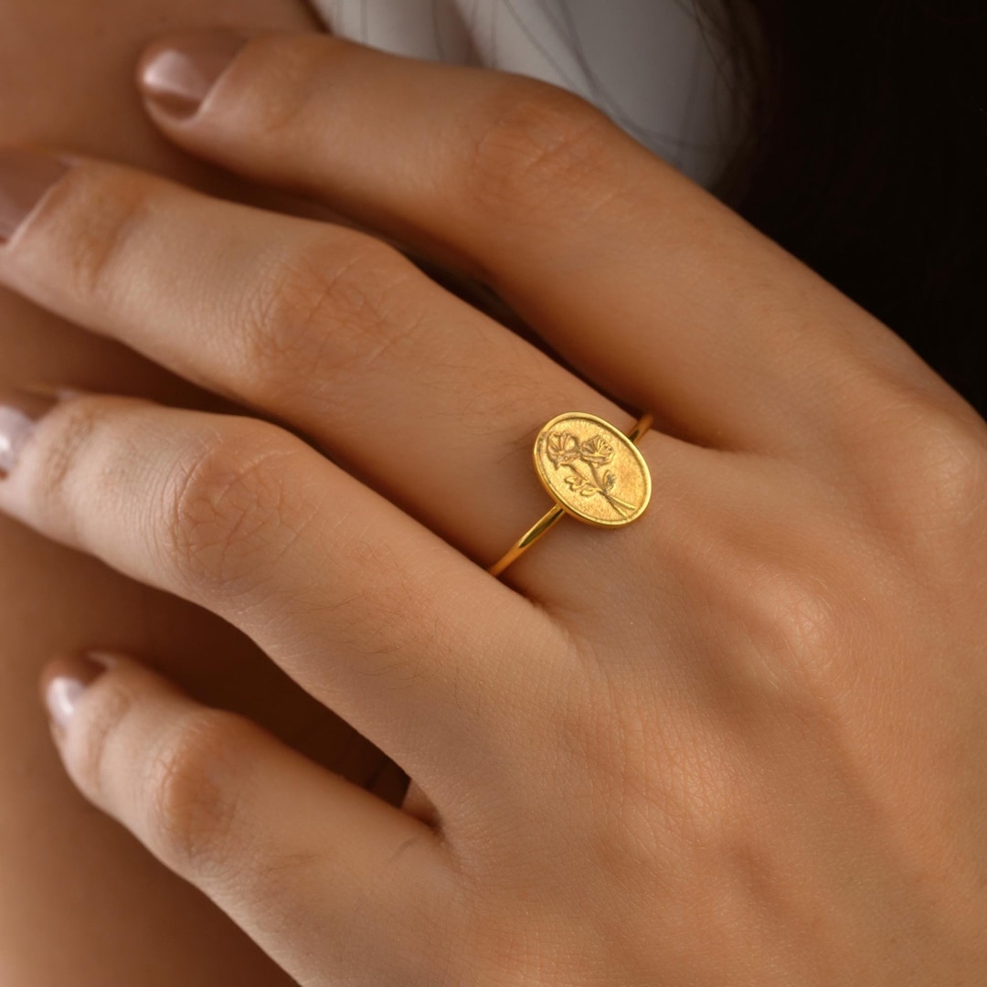 Custom Birth Flower Charm Ring, Birth Month Ring, 14K Gold Jewelry ...