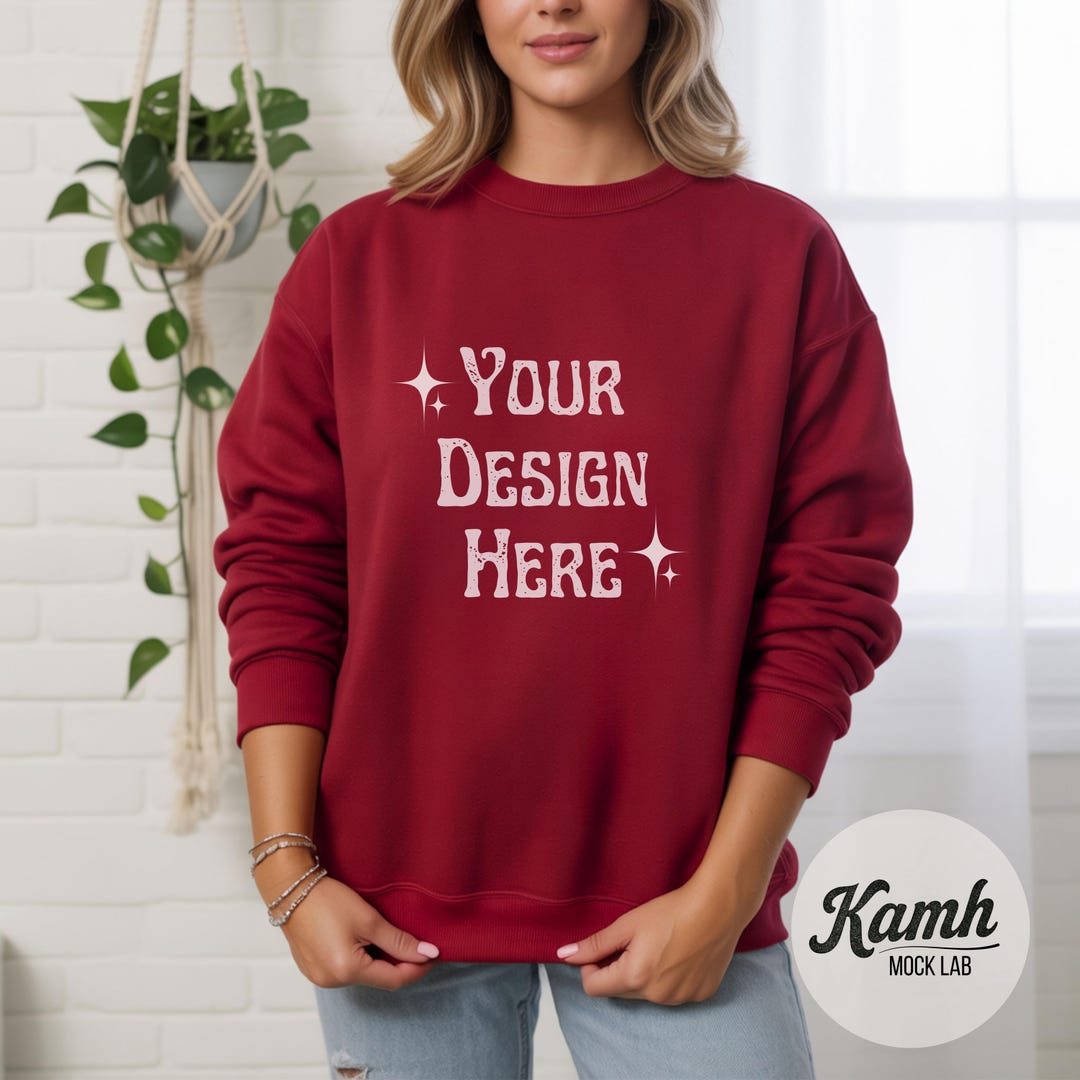 Gildan 18000 Mockup Cardinal Red — Oversized Sweatshirt Mockup for POD ...