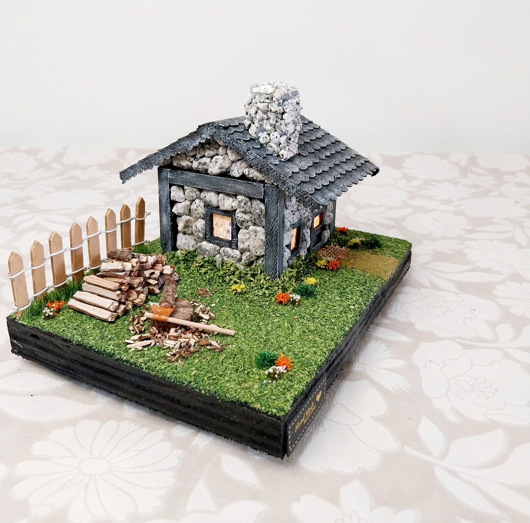 Rustic Stone Cabin With Miniature Firewood Pile Crafts for Decoration ...