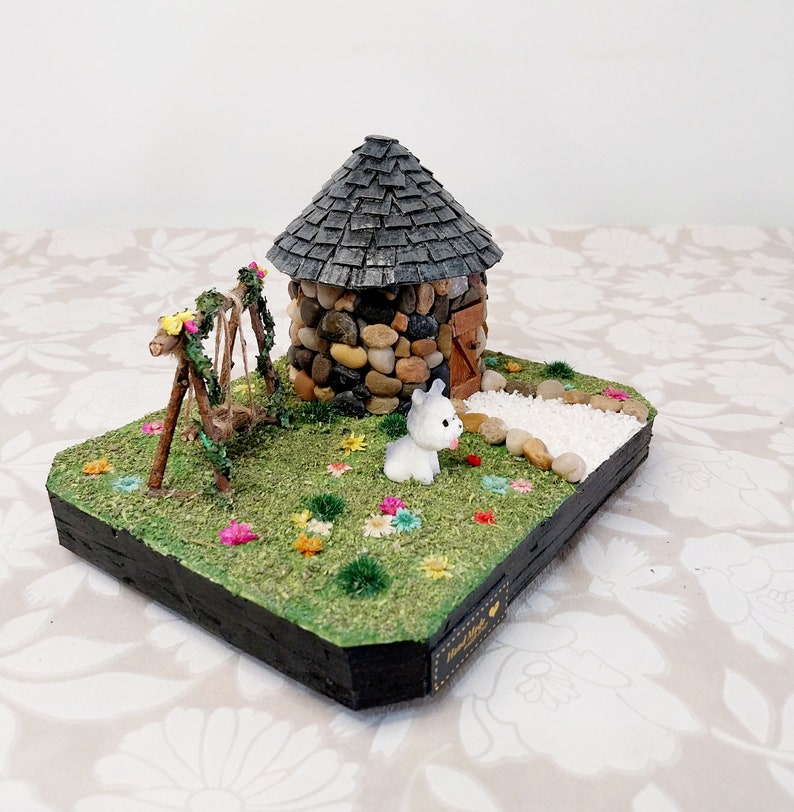 Miniature Stone House With Swing and Dog Rustic Handmade Decoration ...