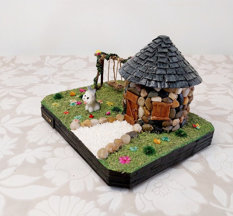 Miniature Stone House With Swing and Dog Rustic Handmade Decoration ...