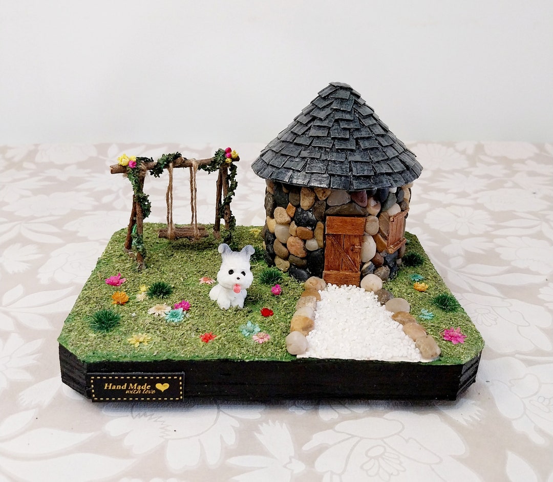 Miniature Stone House With Swing and Dog Rustic Handmade Decoration ...