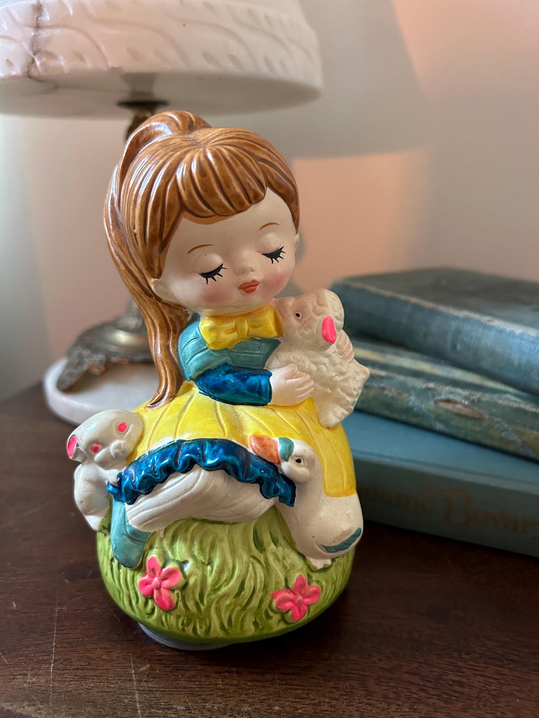1970s Chalkware Rotating Girl Music Box, Lamb Bunny, Plays Animals Song ...
