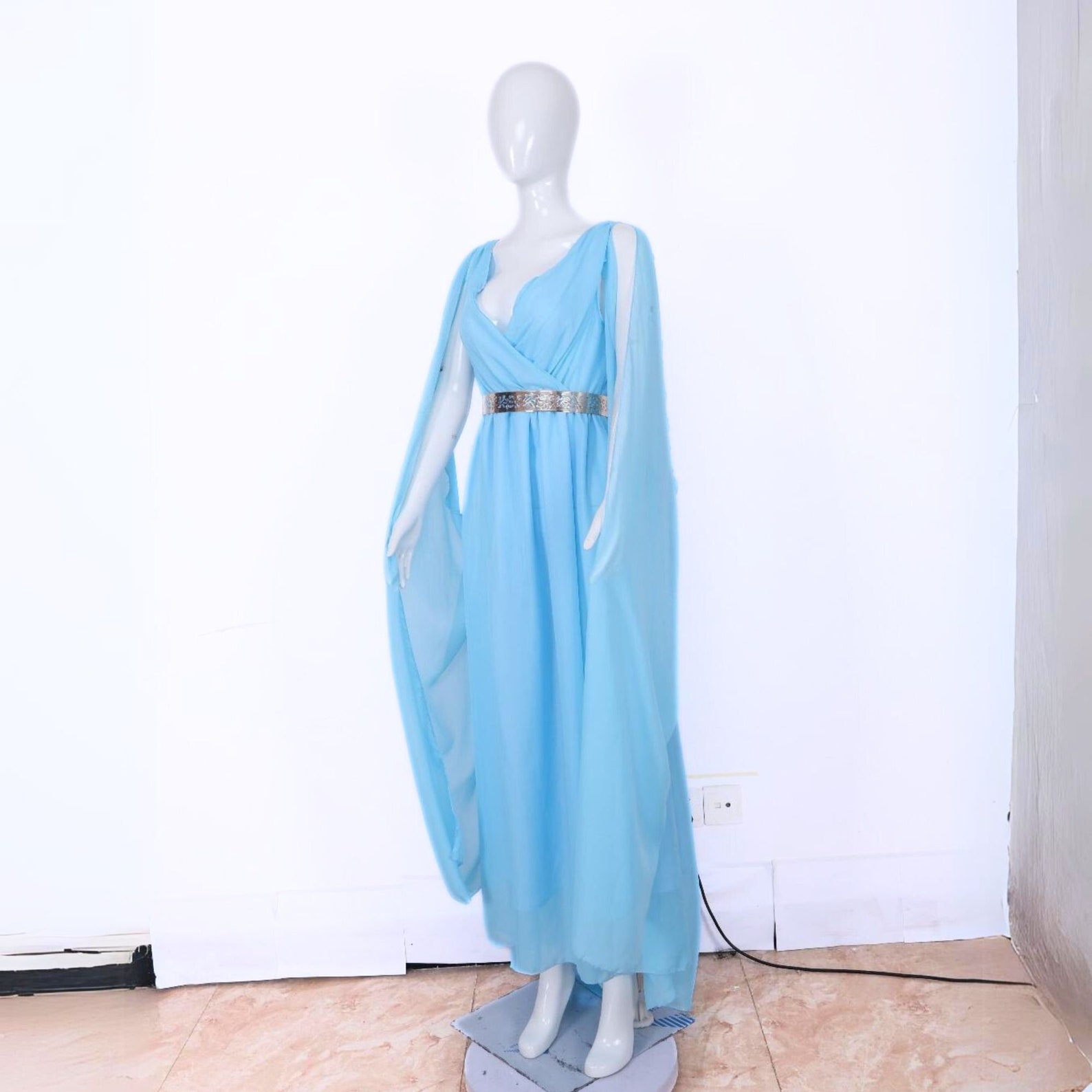 Greek Goddess Sky Blue Maxi Gown, Royal Women Elite Dress With Metal ...