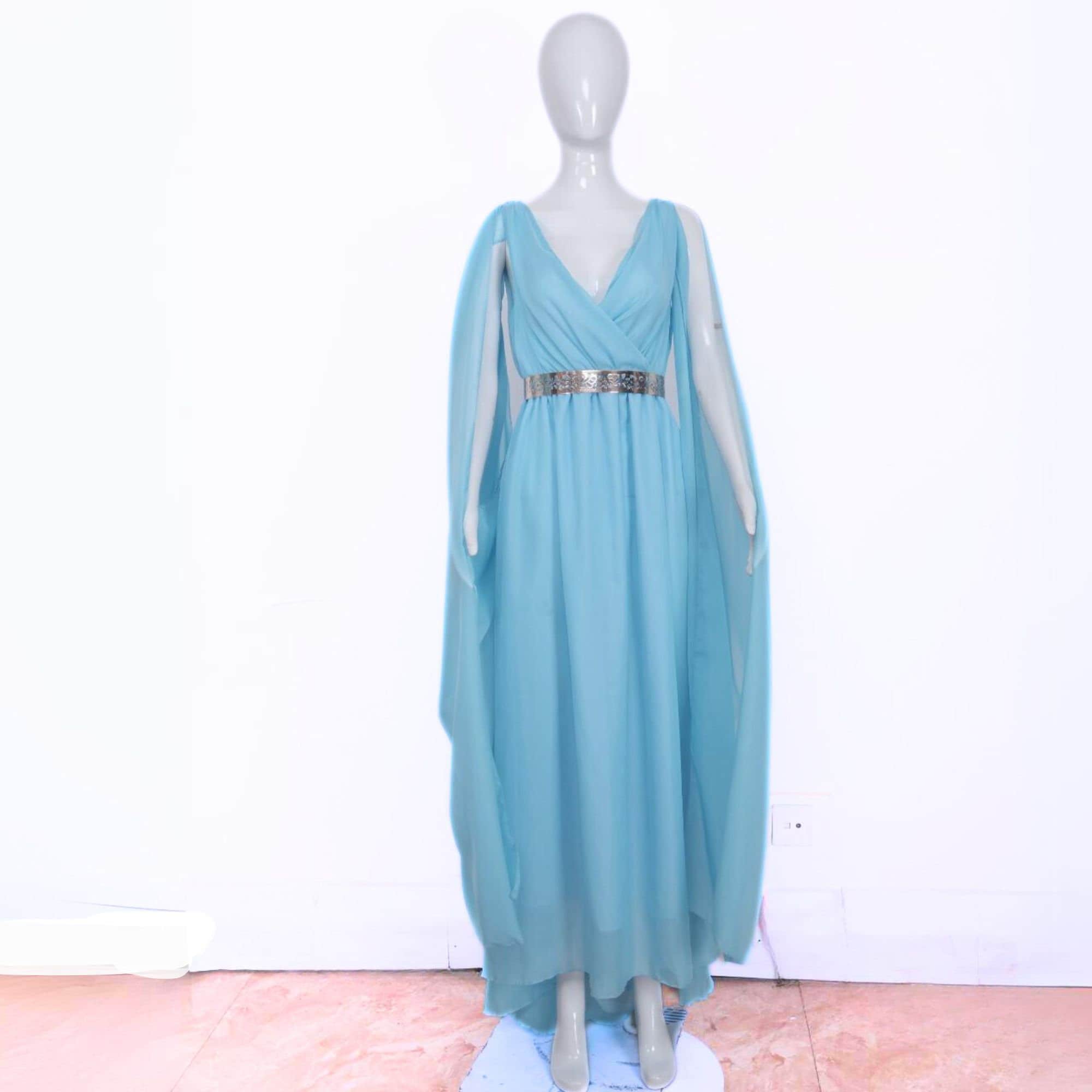 Greek Goddess Sky Blue Maxi Gown, Royal Women Elite Dress With Metal ...