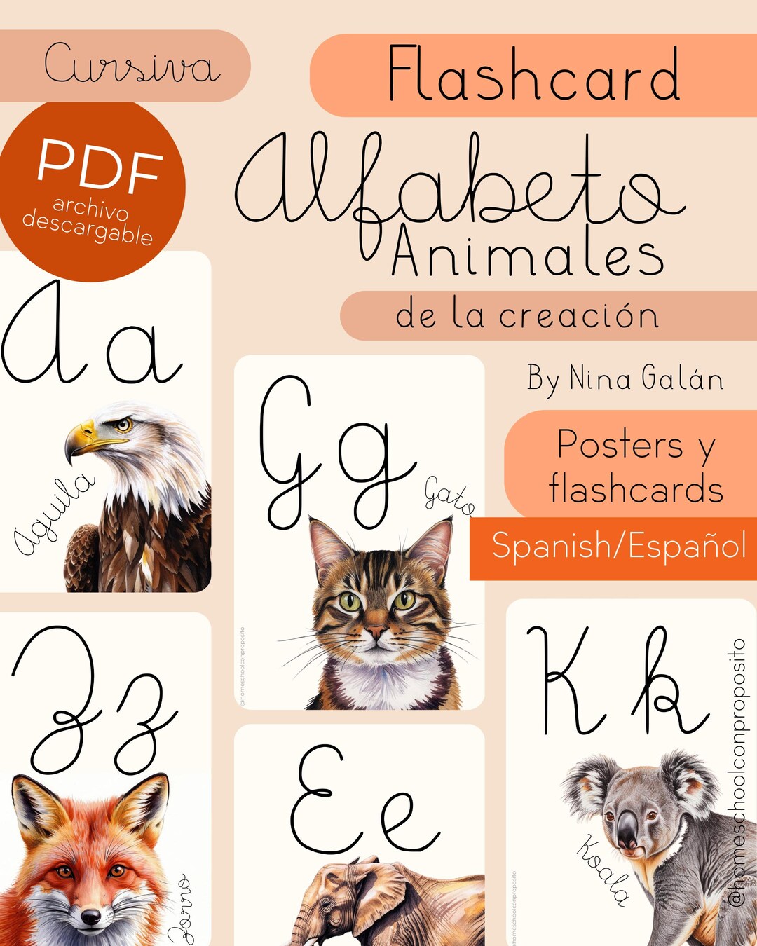 Animal Alphabet Flashcards | Cursive | Spanish Letters With Watercolor ...