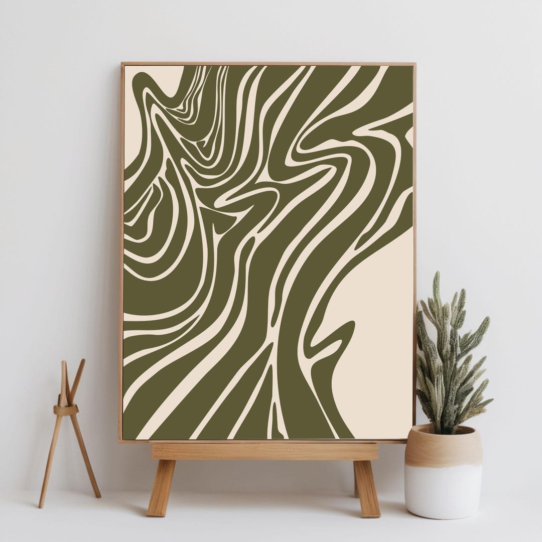 Modern Abstract Wall Art – Minimalist Wavy Pattern in Olive Green and ...