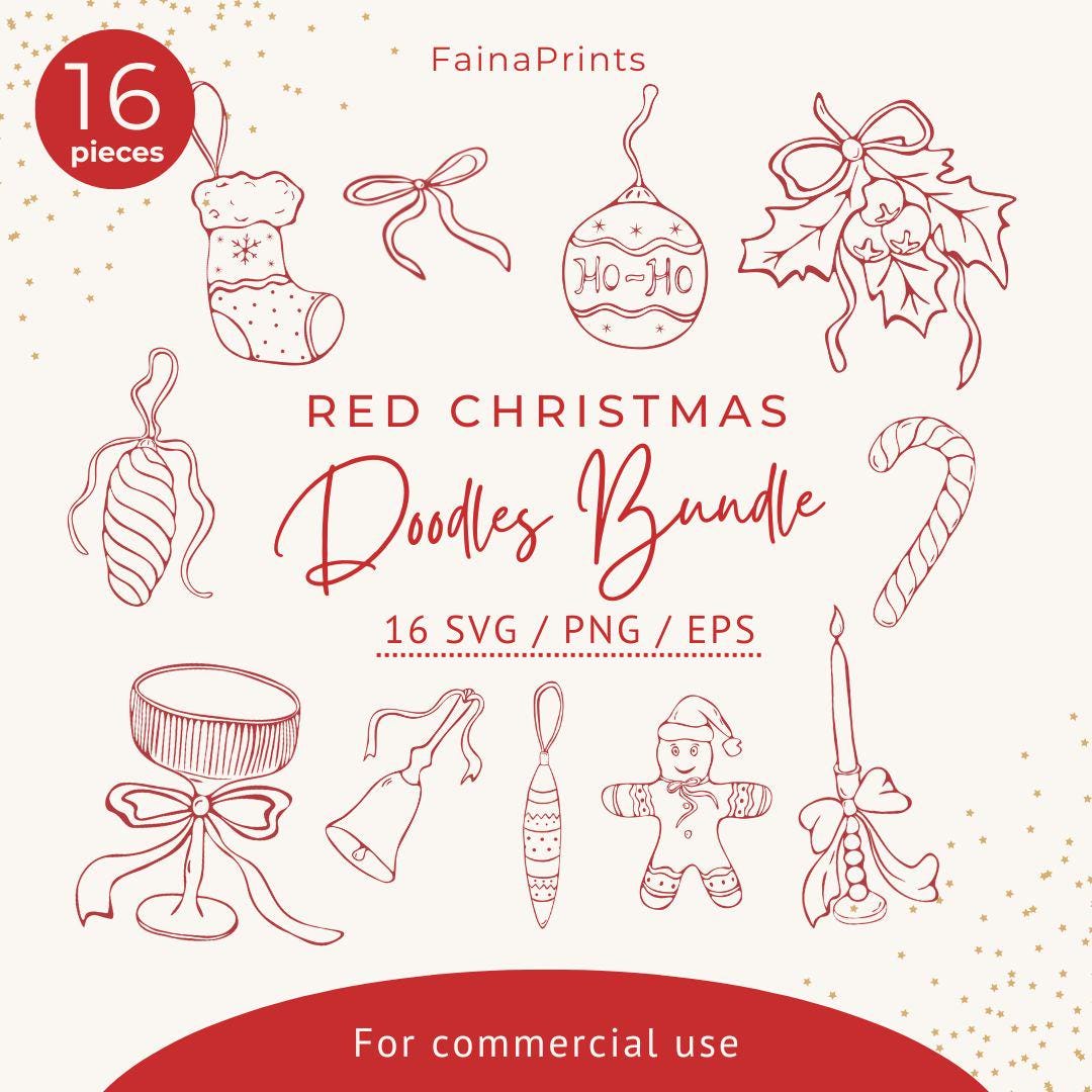 Red Christmas Doodle Clipart Bundle: Hand-drawn Holiday Illustrations ...