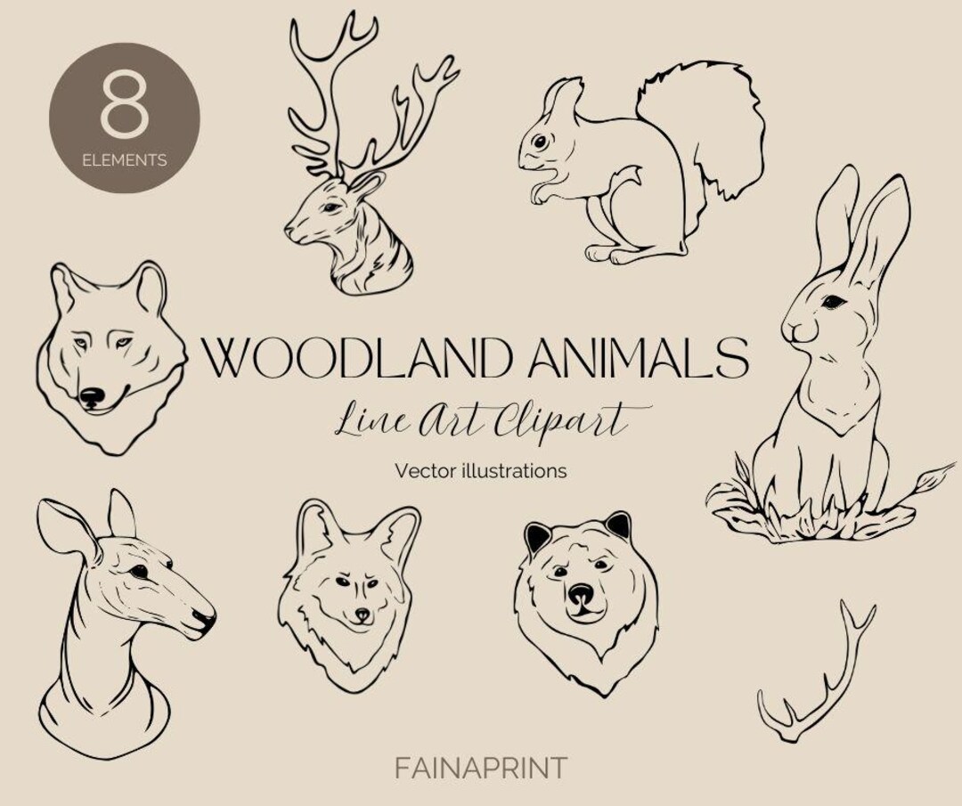 Woodland Animals Line Art Clipart, Doodles Animals Set SVG, PNG, EPS - Etsy