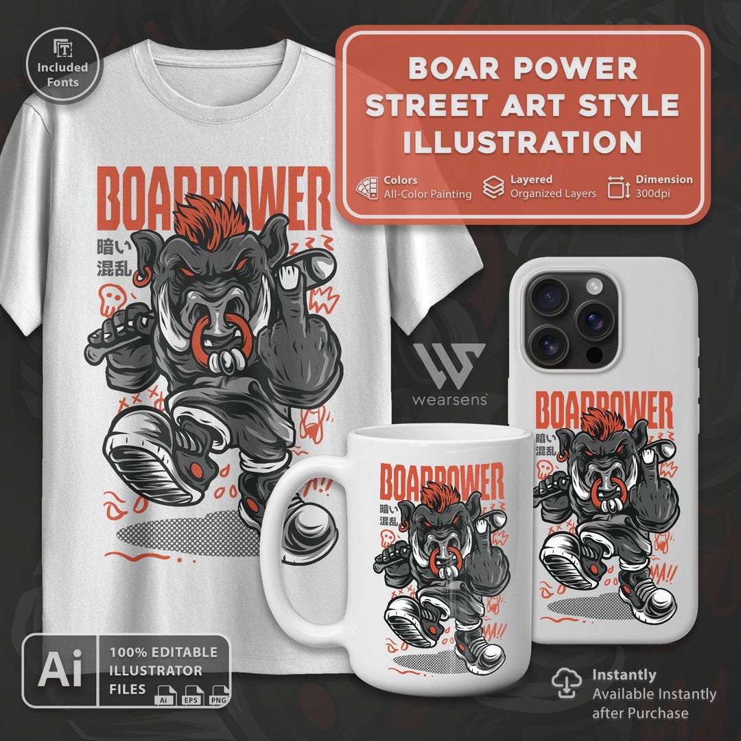 Boar Power | Street Art Style Illustration | Editable Illustrator File ...