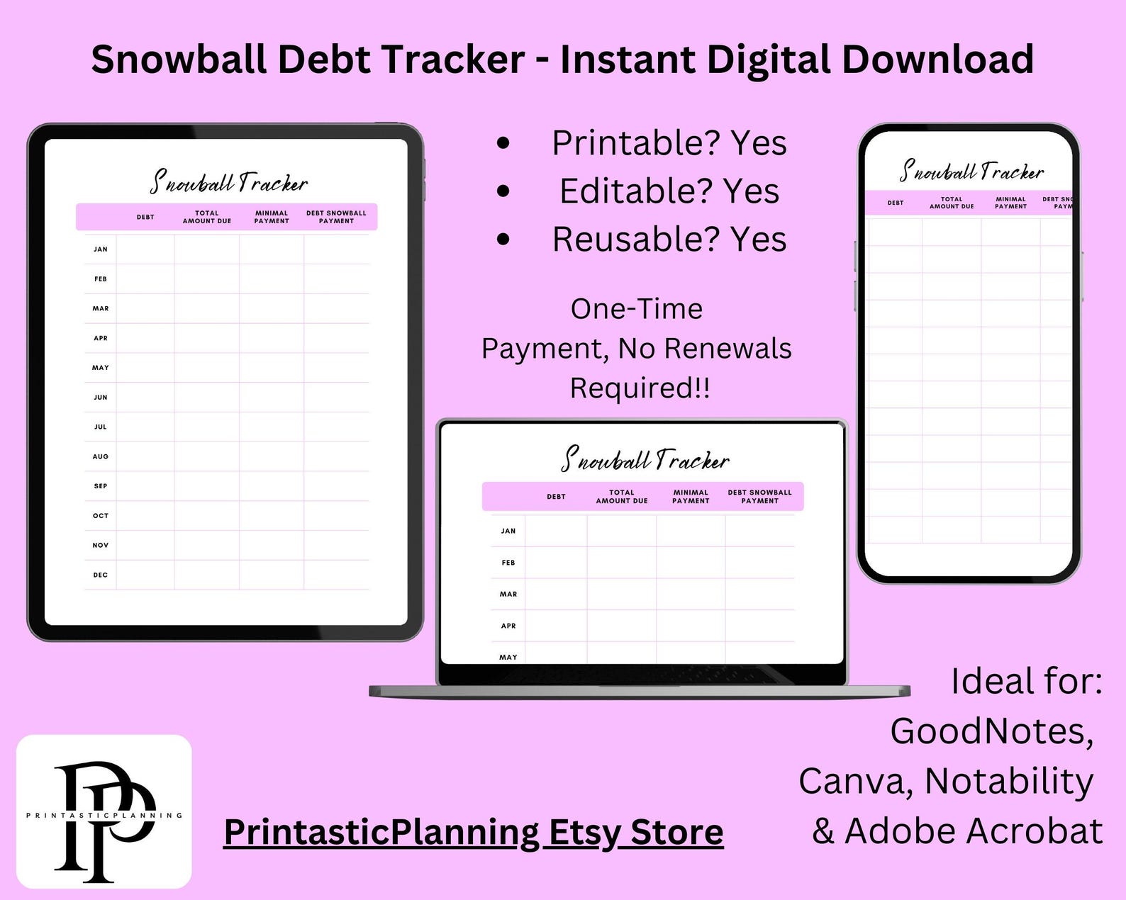 Snowball DEBT Tracker PRINTABLE, Editable PDF, Financial Management Aid ...