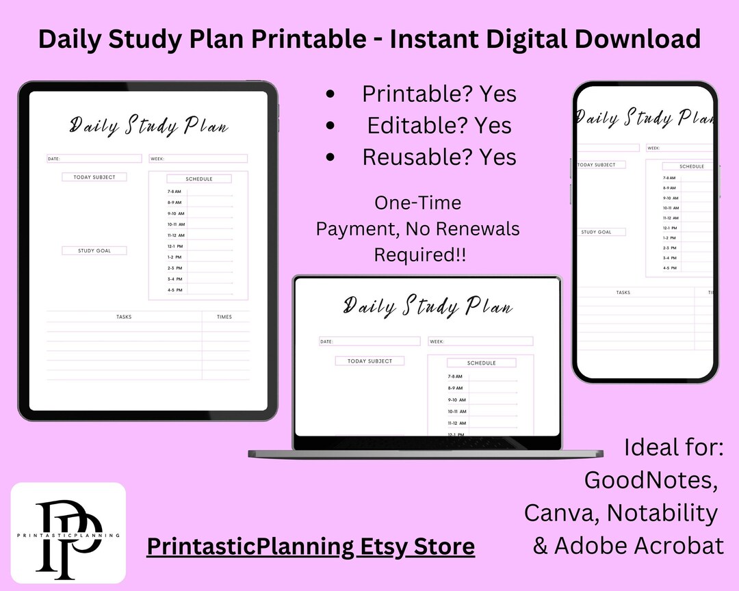 Daily Study Plan Printable, Editable Template, School University, PDF ...