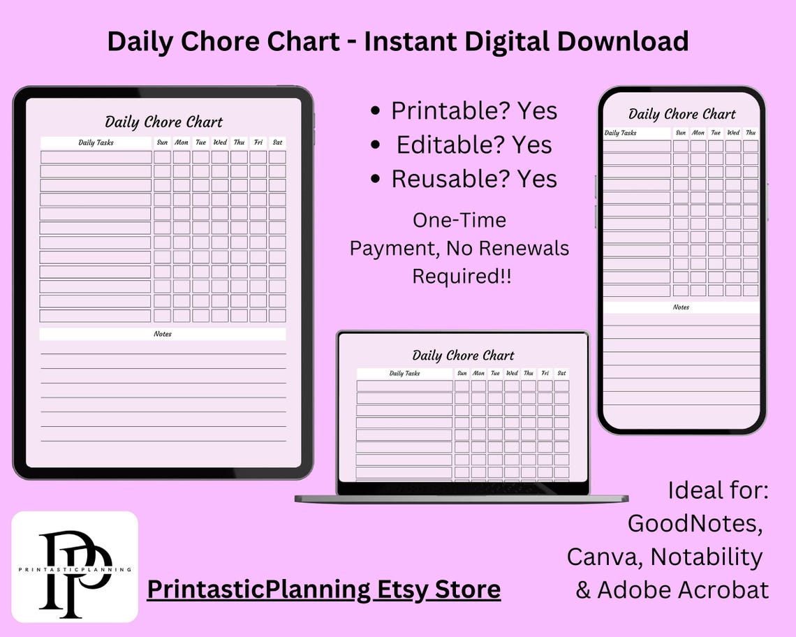 Daily Chore Chart, Home Organisation Tracker, Checklist for Household ...