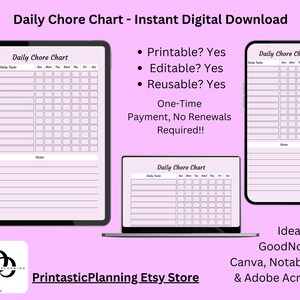 Daily Chore Chart, Home Organisation Tracker, Checklist for Household ...