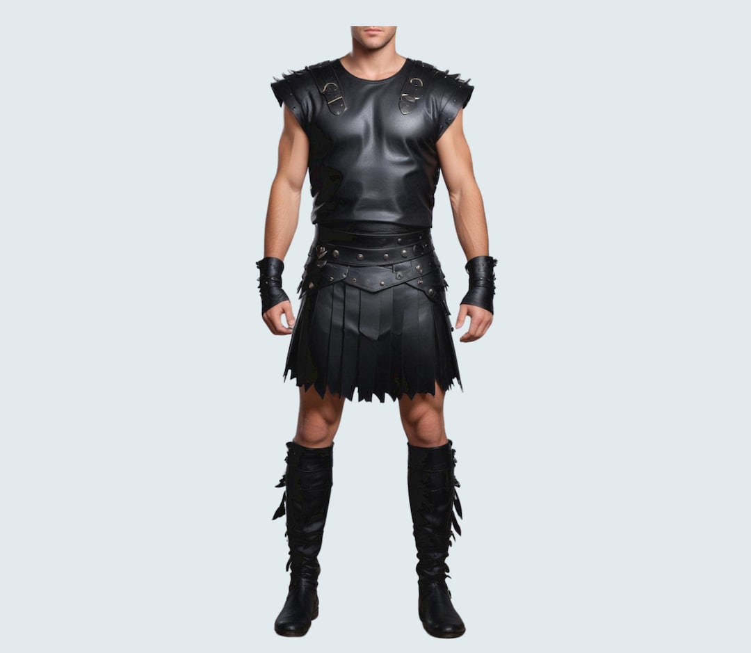 Genuine Leather Men Black Armor & Kilt - Classic Leather Men Warrior ...