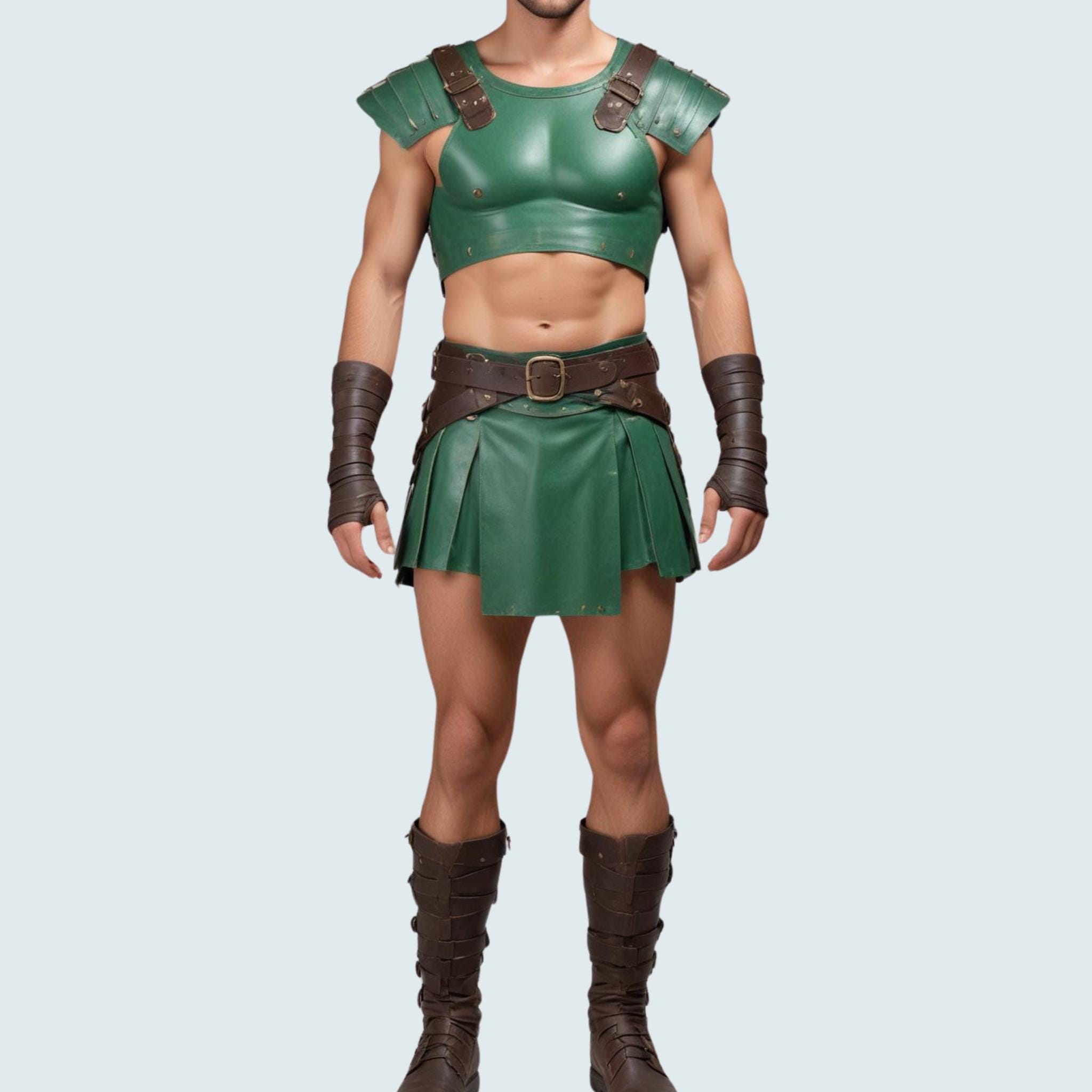 Real Leather Men Warrior Kilt - Handmade Green Leather Gladiator Kilt - Cosplay Leather Stylish ...