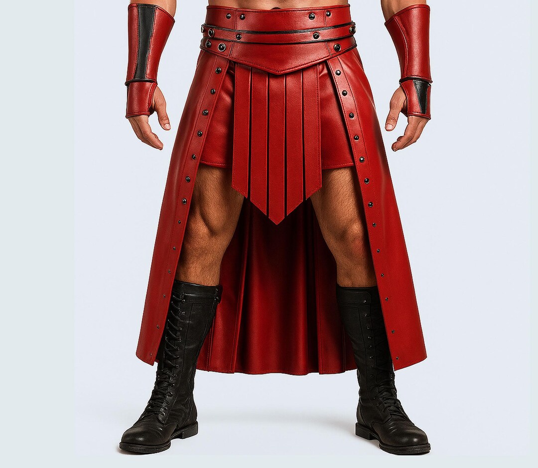 Genuine Leather Men Red Kilt - Handmade Men Leather Warrior Kilt ...