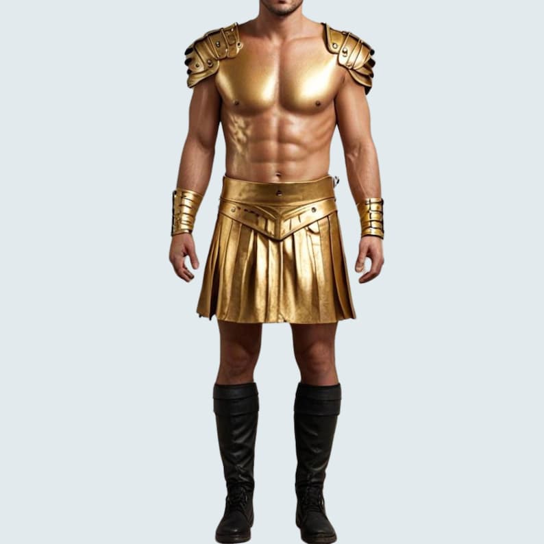 Genuine Leather Men Gladiator Kilt - Handmade Golden Pleated Style Kilt ...