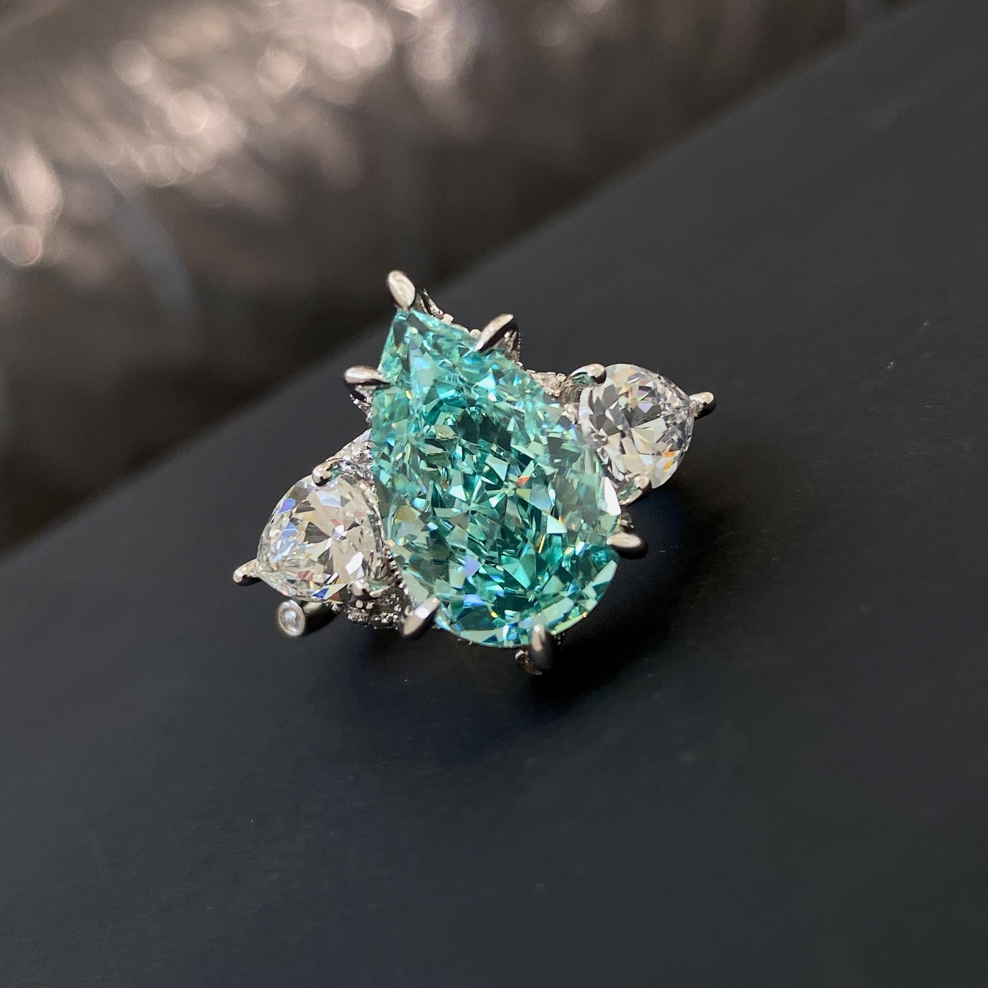 Teardrop Paraiba Ring Ice Cut Luxury Statement Ring High End Gemstone Jewelry Handmade Jewelry 925 Sterling Silver 18K Gold Plated