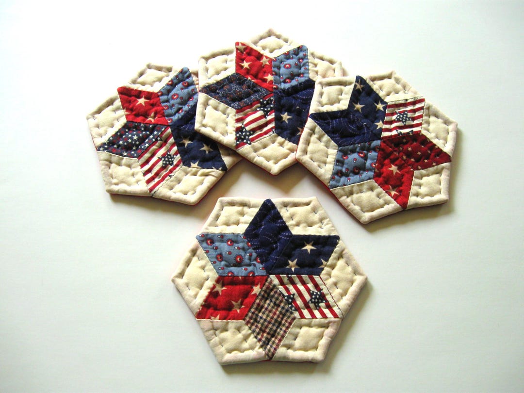 Star Hand Quilted Coasters, Fabric Coasters, Patriotic Decor, Americana ...