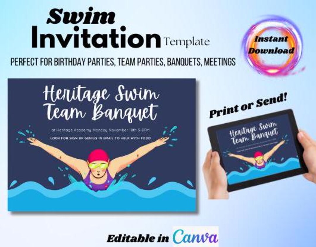 Swim Team Party Invitation Canva Template Customizable Editable Design ...