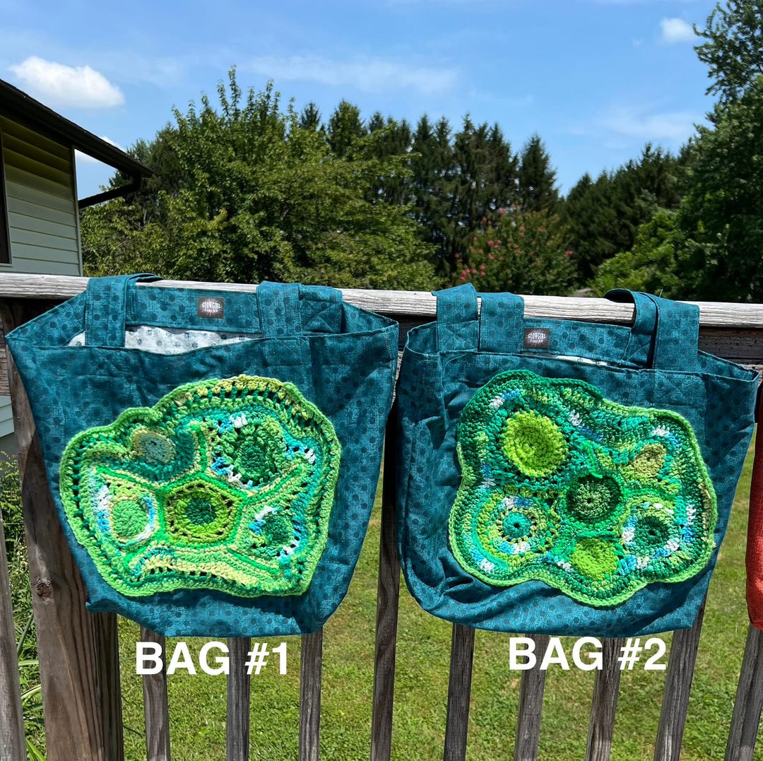 Tote Bag - Heavy Duty With Freeform Crochet Accent in Greens - Etsy