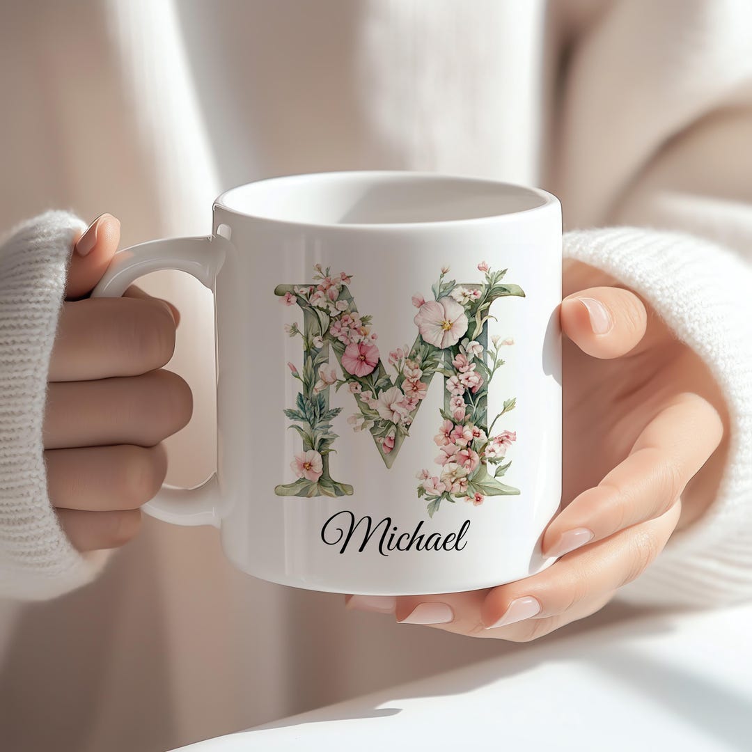 Personalized Mug, Name Mug, Initial Letter Mug, Alphabet Mug, Floral ...